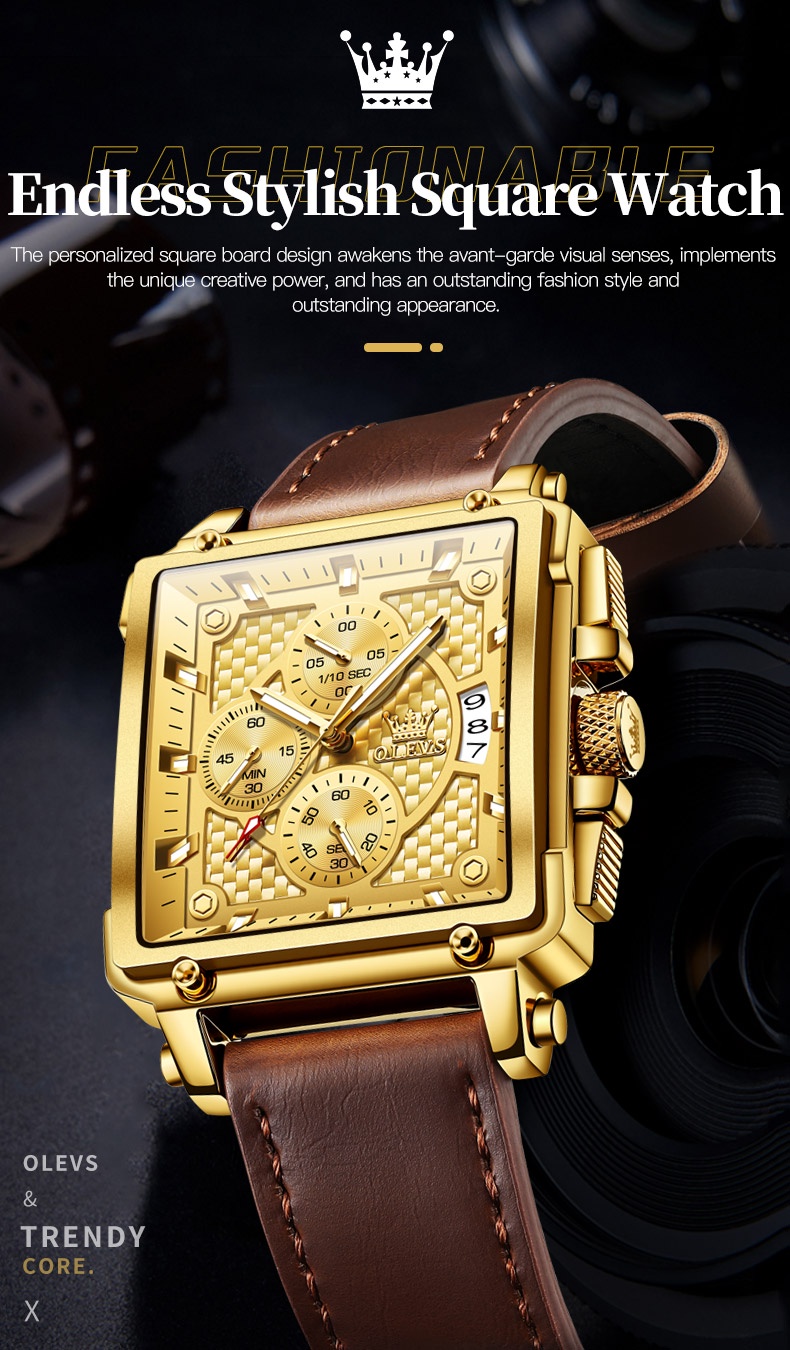 Olevs Watch For Men Square Waterproof Original Leather With Box Gold ...