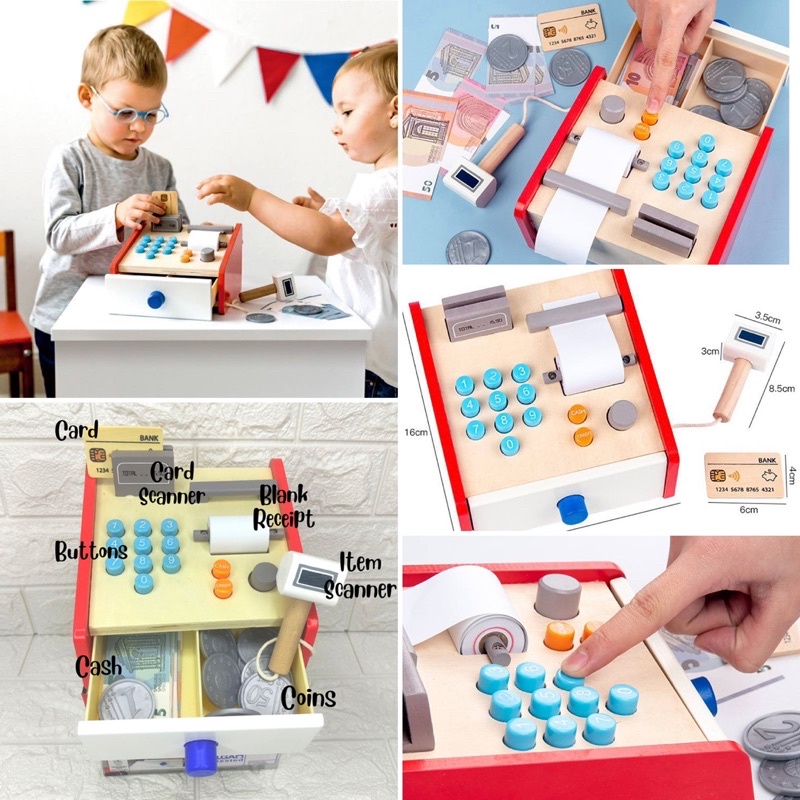 Wooden Cashier Playset / Wooden Simulation Supermarket Cash Register ...