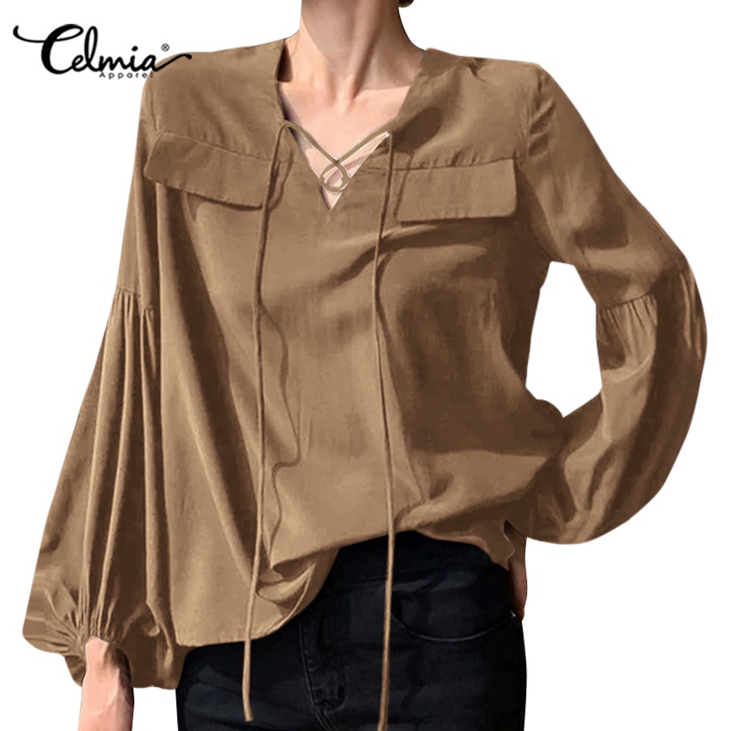Celmia Women Lantern Long Sleeve Blouse Lace Up V Neck Tops Eleagent