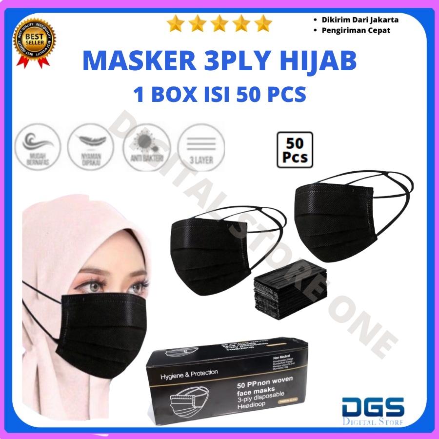Black 3Ply Headloop Hijab Mask Contains 1 Box 50 Pcs DGS | Shopee ...