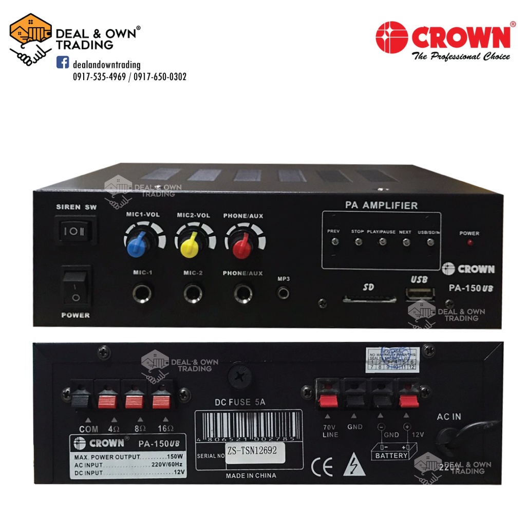 Crown PA-150UB 150W Public Address Amplifier w/ USB/SD/SIREN/BT/MP3 ...