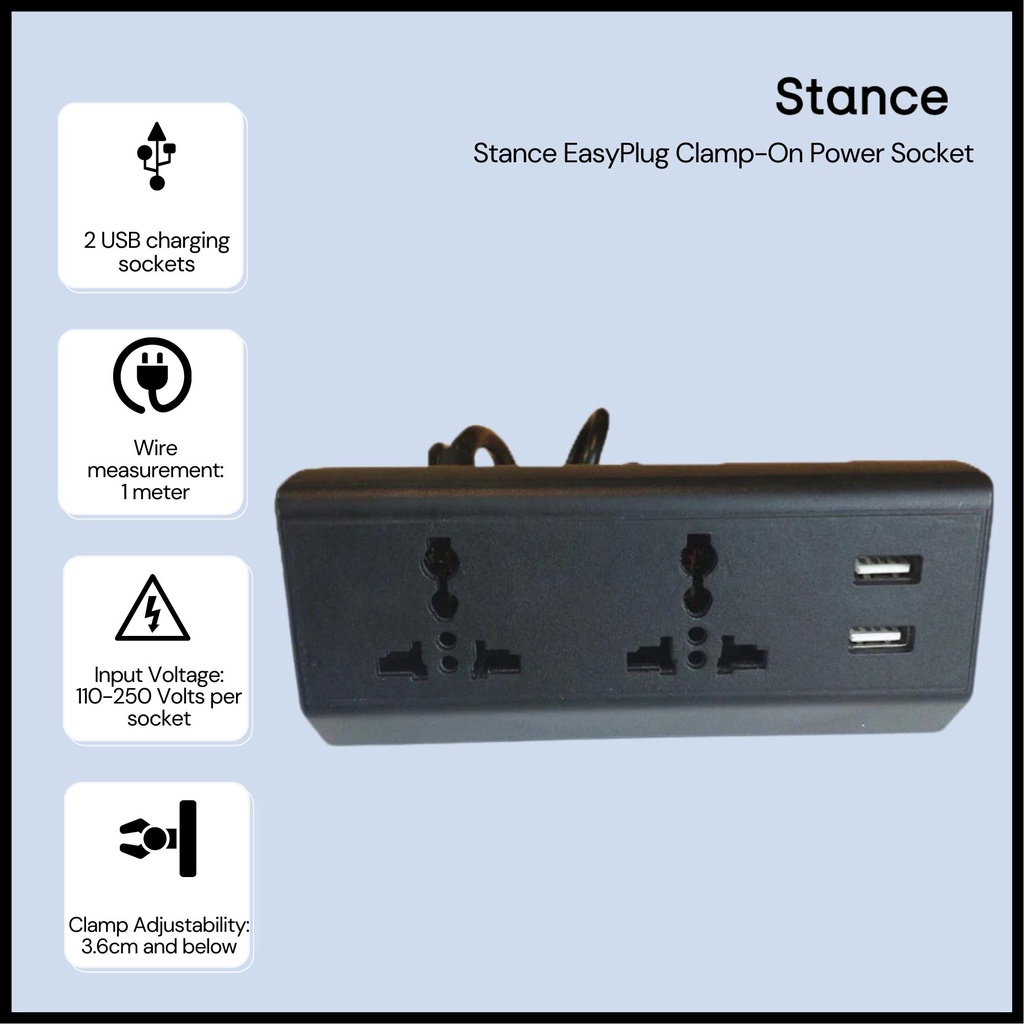 Stance EasyPlug Clamp-on Power Socket Strip with 2 USB Charging Sockets ...