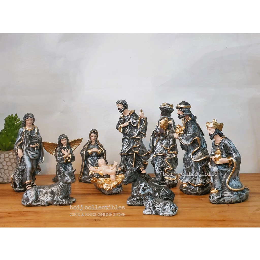 11 Piece Maryam Nativity Set, White and Gold, Antique Silver with Gold ...