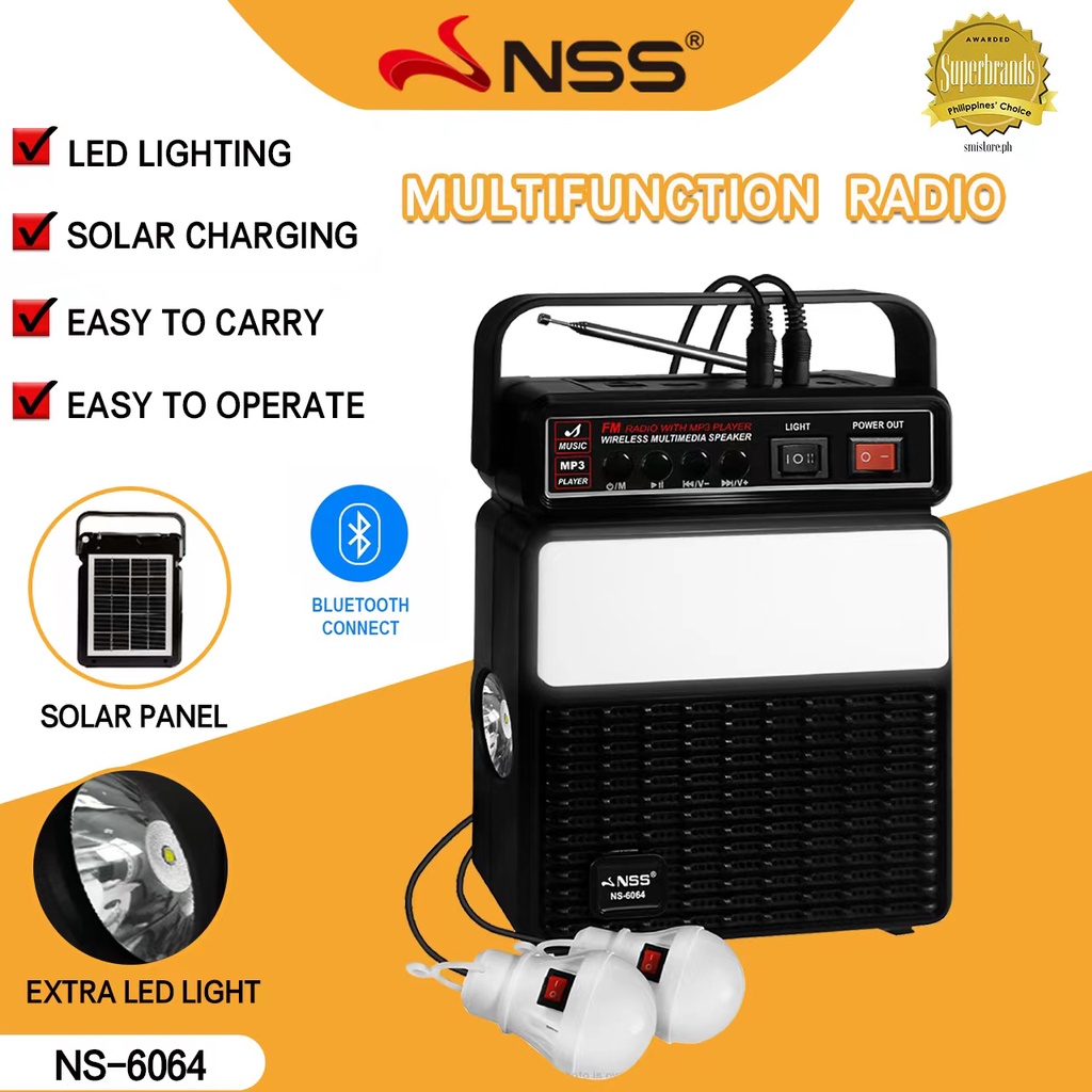 NSS Solar Radio Bluetooth MP3 TF USB AUX FM USB Charge with 2 LED Bulb ...
