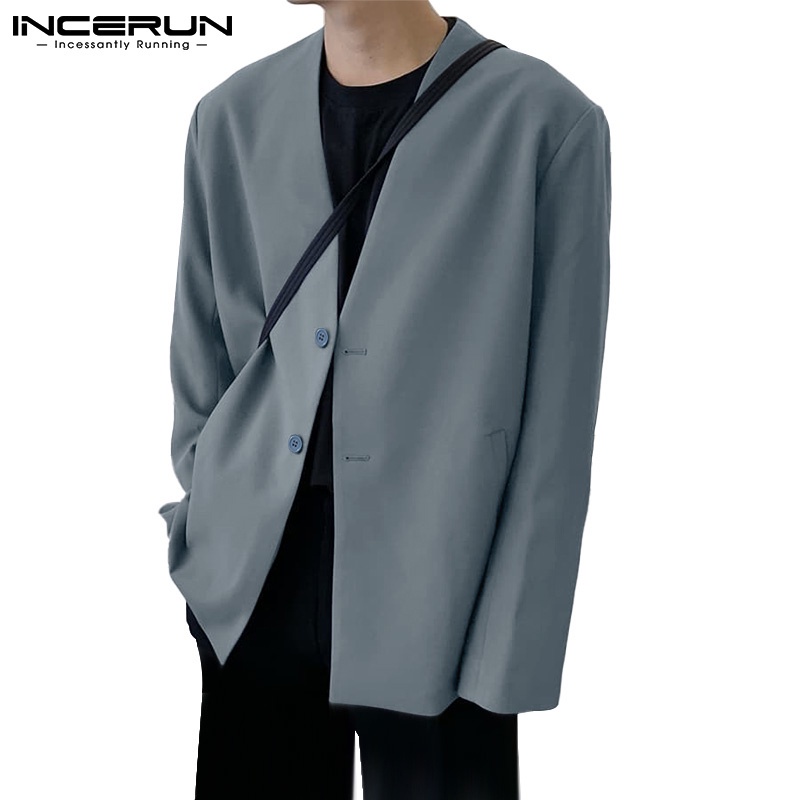 INCERUN Men Fashionable V Neck Long Sleeved Solid Color Button Down ...