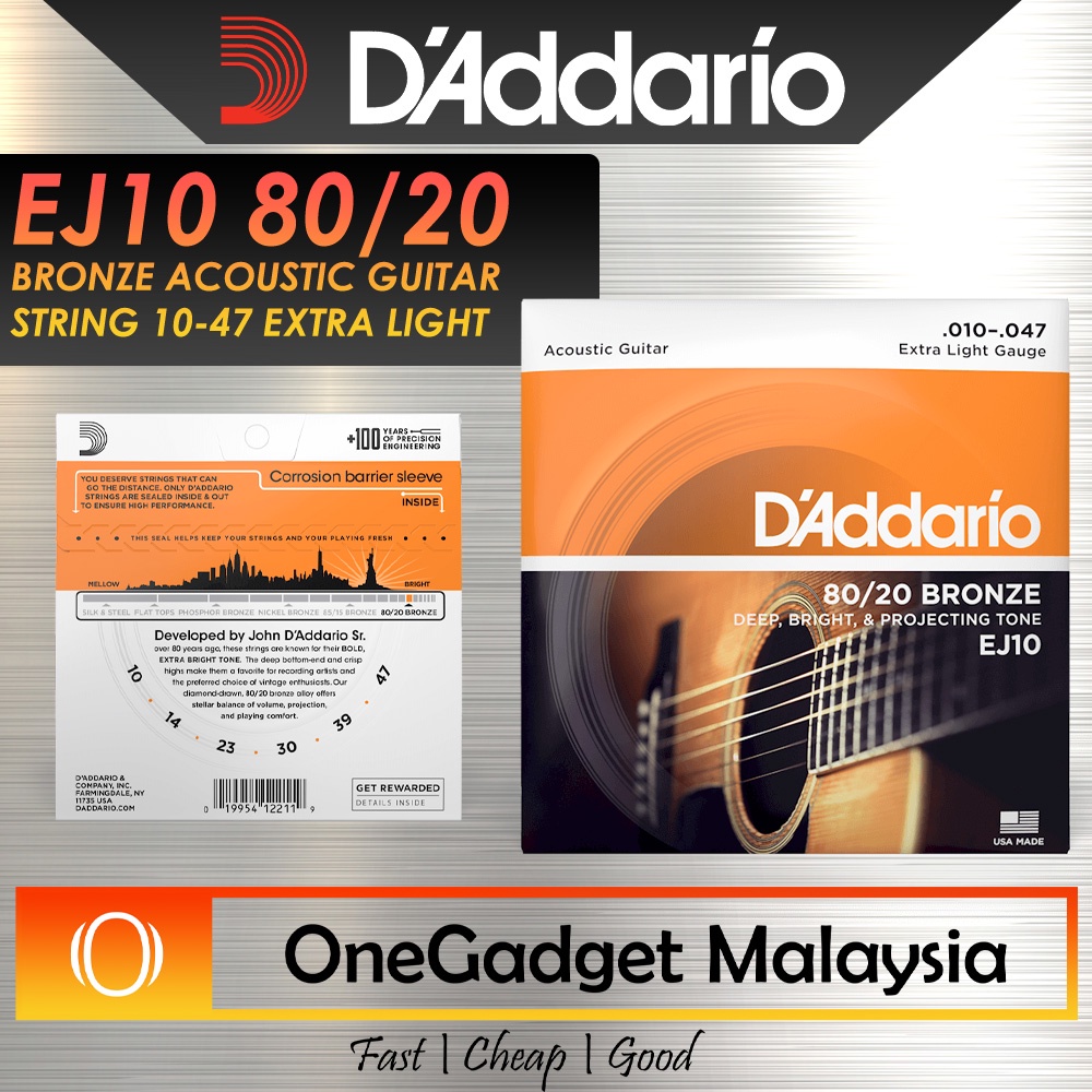 D'addario EJ10 80/20 Bronze Acoustic Guitar Strings 10-47 Daddario D ...
