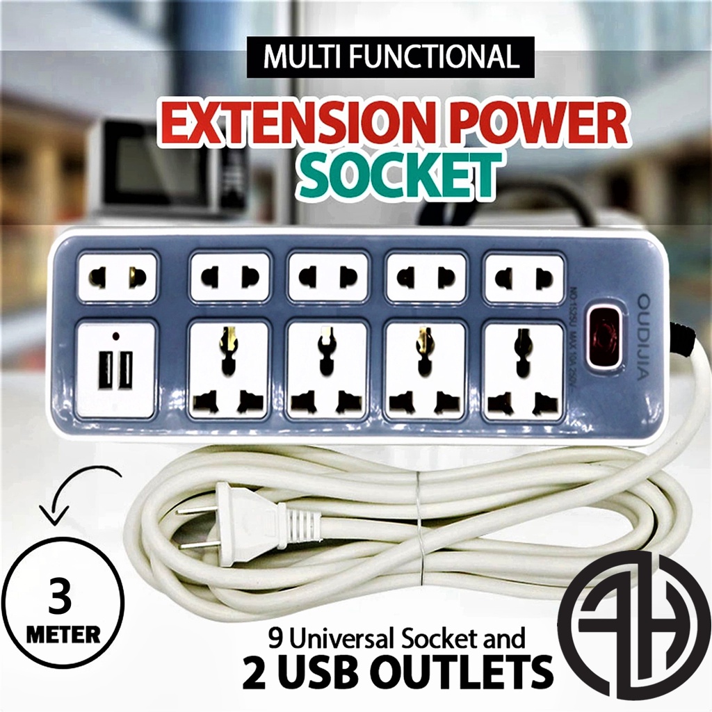 Socket 3 Meters Power Extension With Switch 9 Universal Charger Socket ...