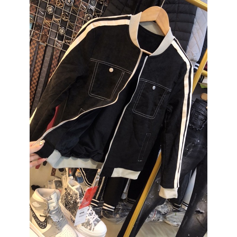 Super beautiful 2-stripe suedeJacket (black) | Shopee Philippines