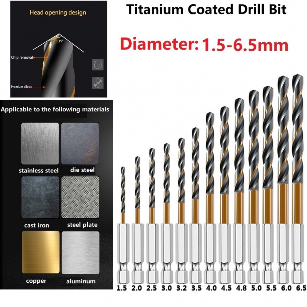 DHEART~Drill Bit Titanium Coated Twist Drill 1.5-6.5mm 1/4 Hex Shank ...