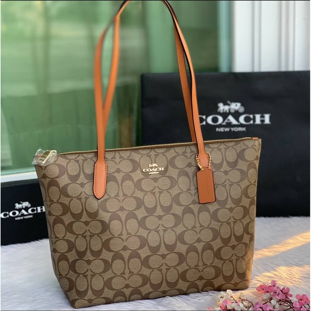 C.O.A.C.H 4455 Zip Top Tote in Khaki Signature Coated Canvas and Sedona ...