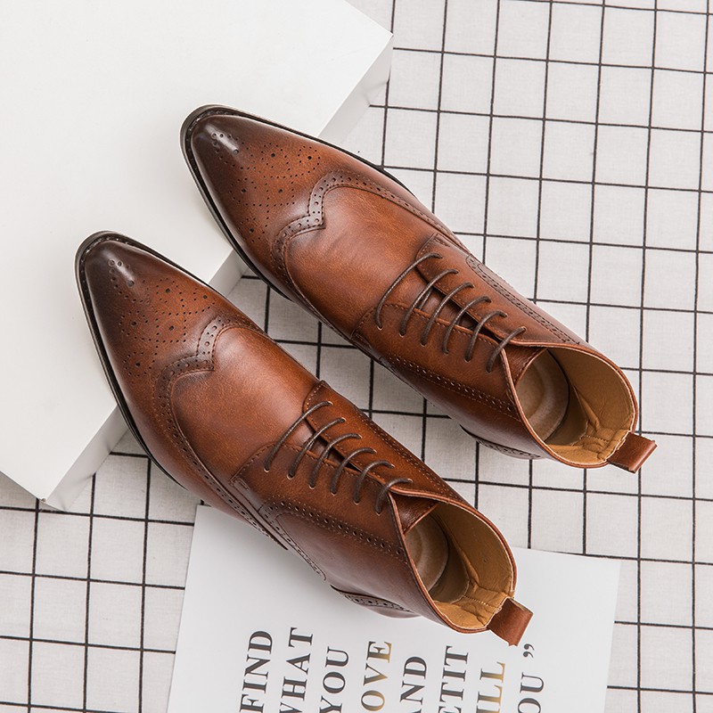 New Cool Fashion Sharp Toe Leather Men Boots Carved High Tops Shoes ...