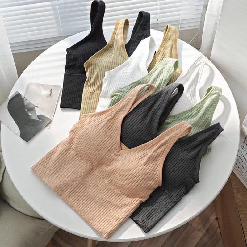 PUMO Deep V Korean Style Rib Knit Sando Crop Top Smocked Back Padded ...