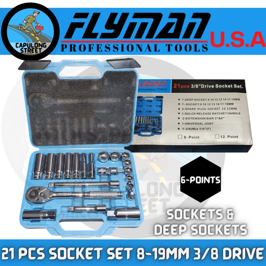 Tools Ni Manong Flyman 21Pcs Short & Deep Socket Set 3/8" Dr. 8Mm-19Mm 6Points High Quality ...