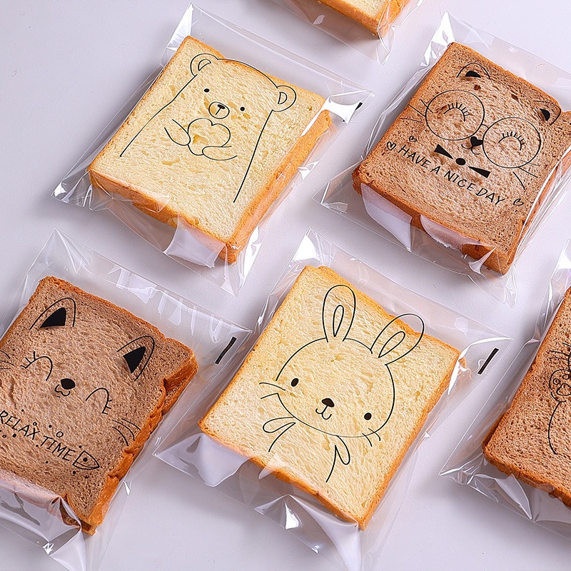 100pcs Self-Sealing Packaging Cute Cartoon Transparent Bread Bags DIY ...