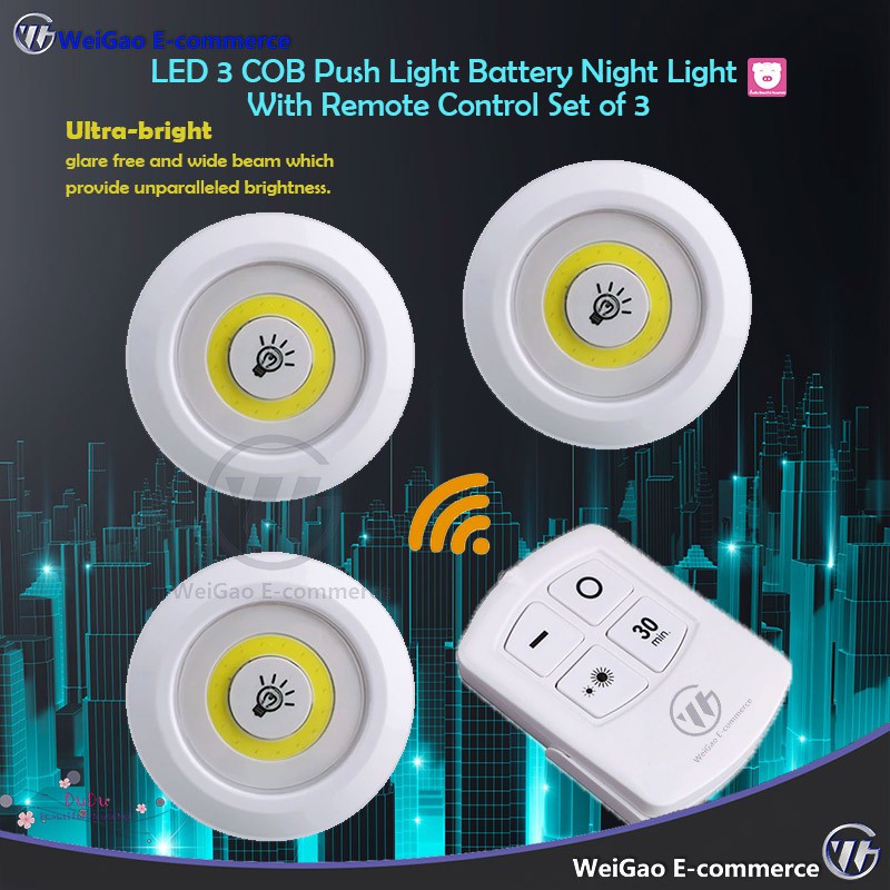 LED 3 COB Push Light Battery Night Light With Remote Control Set of 3 | Shopee Philippines