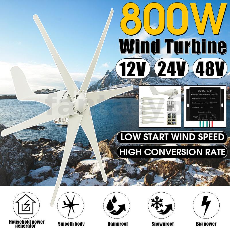 800W Peak 12V/24V/48V 6 Blades Horizontal Wind Turbine Generator ...