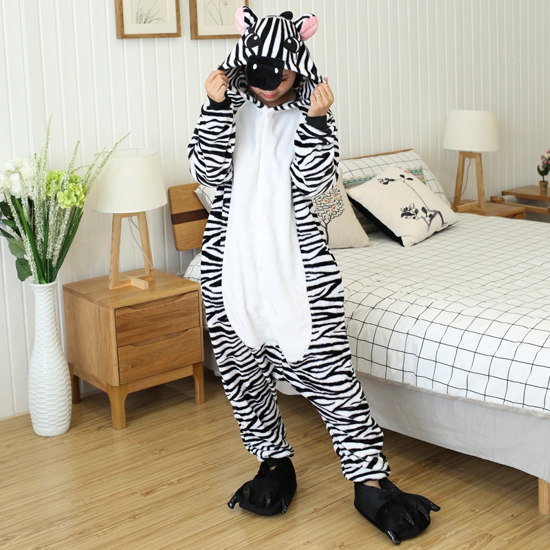 Unisex Kigurumi Zebra Cartoon Flannel Pajamas Baju Tidur Women Hooded ...