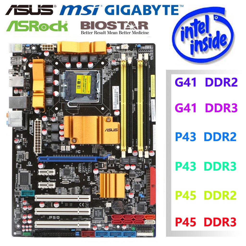 ASUS MSI Gigabyte P43 P45 Motherboard Intel LGA 775 ATX + G41 DDR2 DDR3 ...