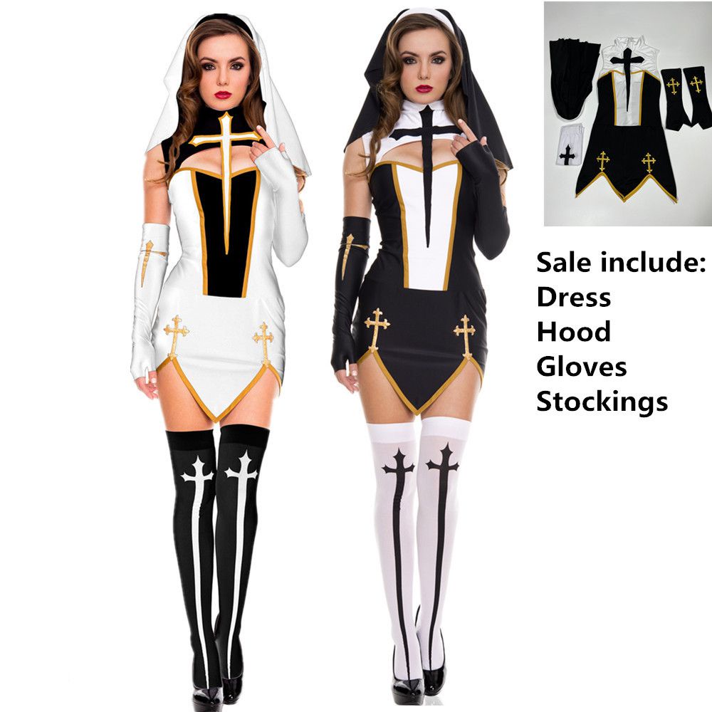 High Quality Womens Cosplay Costume Sexy Naughty Nun Black Fancy Dress