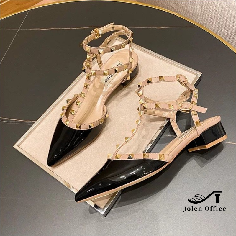 Jolen 2022 Valen-tino style rivet pointed toe flat shoes women Mary ...
