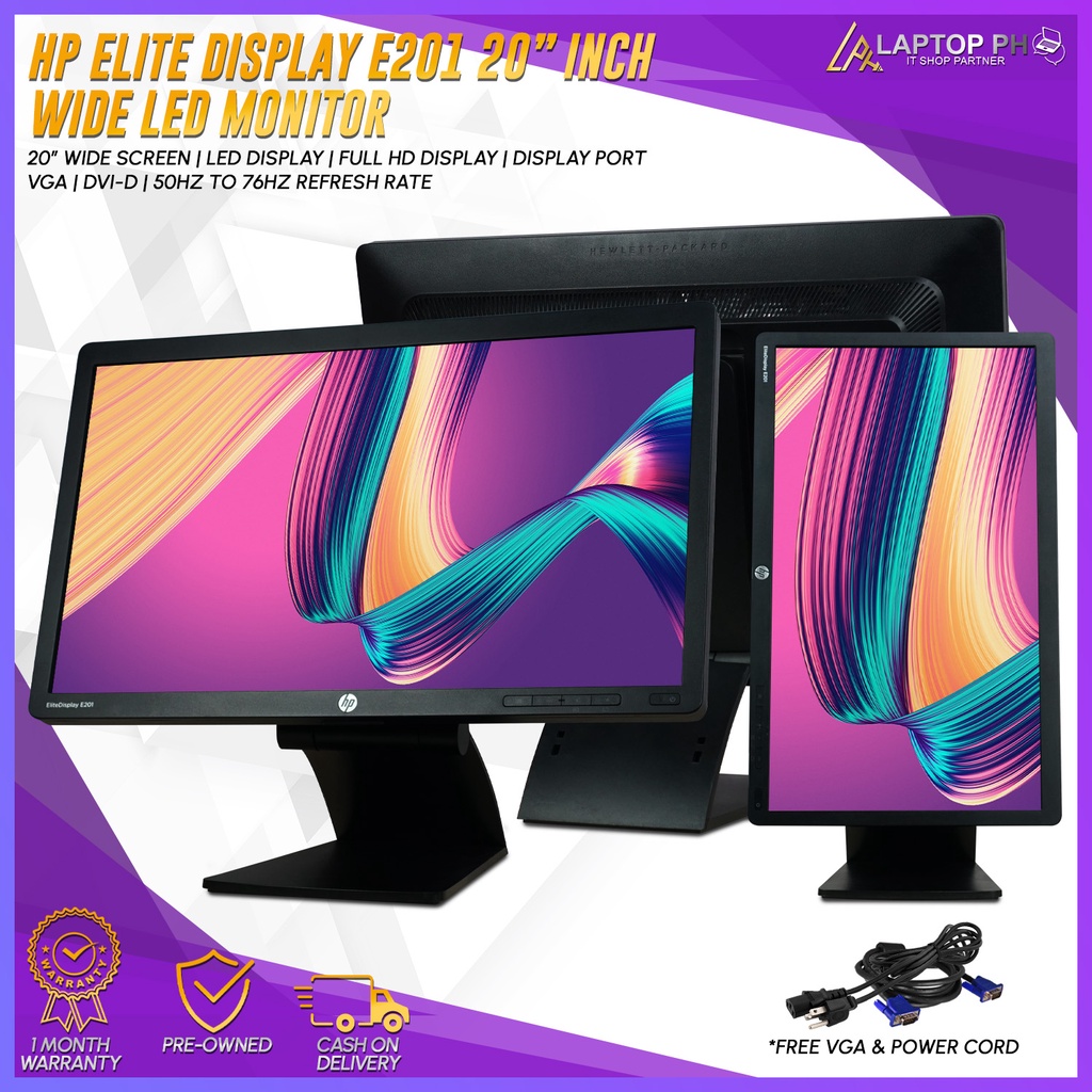 HP LED WIDE 20" E201 MONITOR FREE VGA CABLE & POWERCORD | LAPTOPPH ...