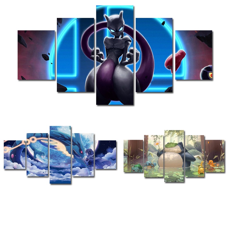 Home Decor 5 Panel Painting Rayquaza Mewtwo Pocket Monster Pokemon Game ...