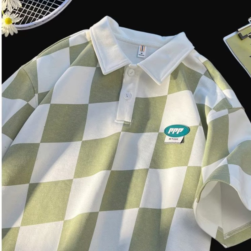 M-2XL Korean style Checkered short sleeve polo T Shirt For Men All ...