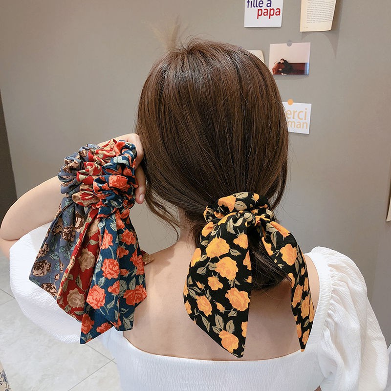 Hair Scrunchie Scarf Hair Tie Ribbon Scrunchies with Tail Floral ...