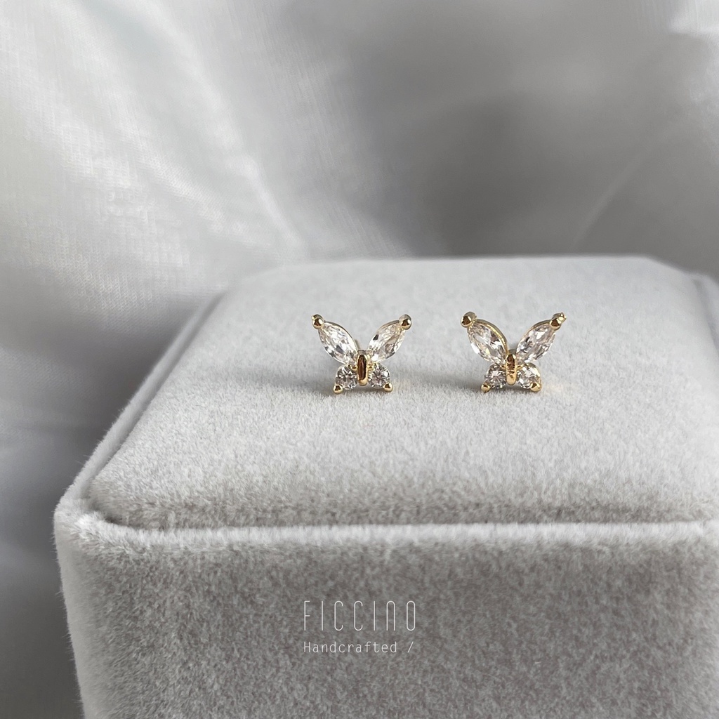 FICCINO 18k Gold Stud Earrings Zircon Butterfly Backing Handmade Women ...