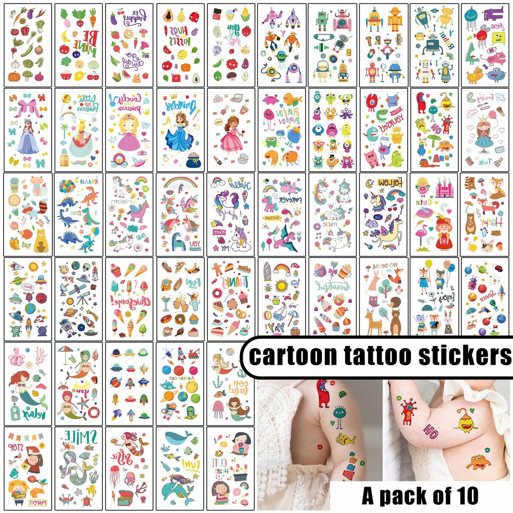 10 Pack Fake Tattoo Stickers Cartoon Temporary Tattoos Kids Arms DIY ...