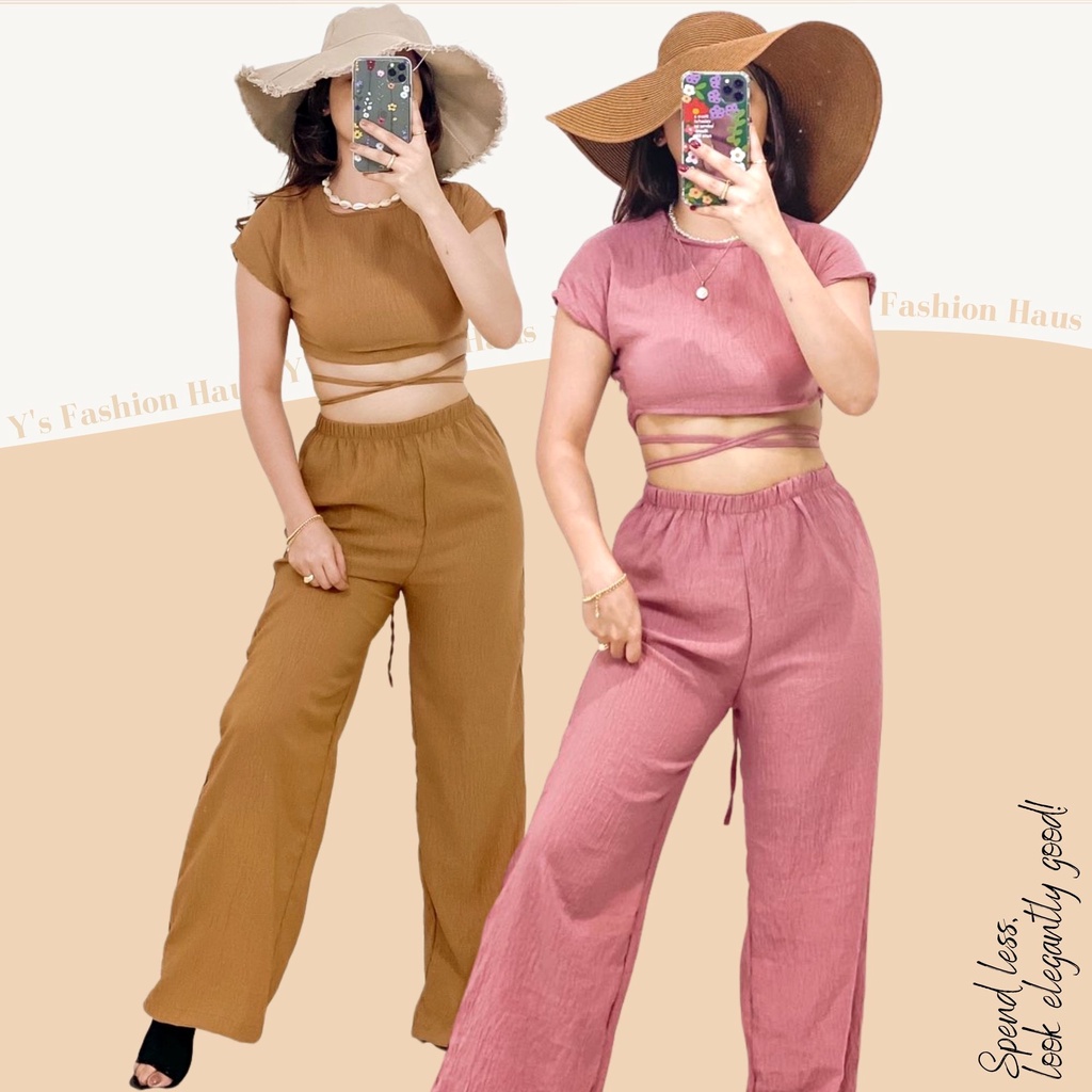 PIA Cross-Tie Cropped Top + High Waist Pants Crumpled Set Coordinates ...