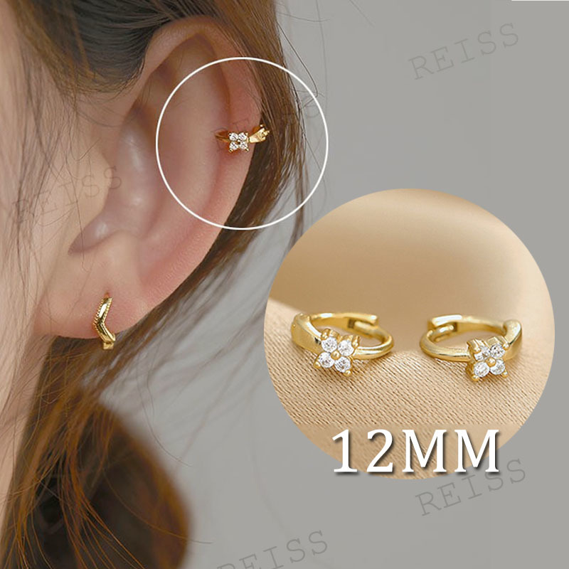 14K Gold-plated Mini Zircon Hoop Four Leaf Clover Earrings For Women 1 Pair Huggie Piercing ...