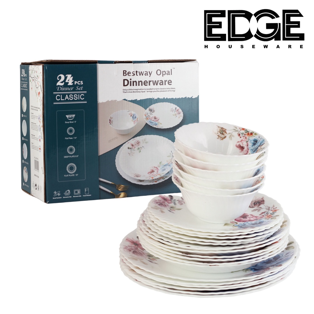 BESTWAY Modern Ceramic Floral Design Opal Dinnerware - Full Plate Set of 24 Wave Edge Ceramic ...