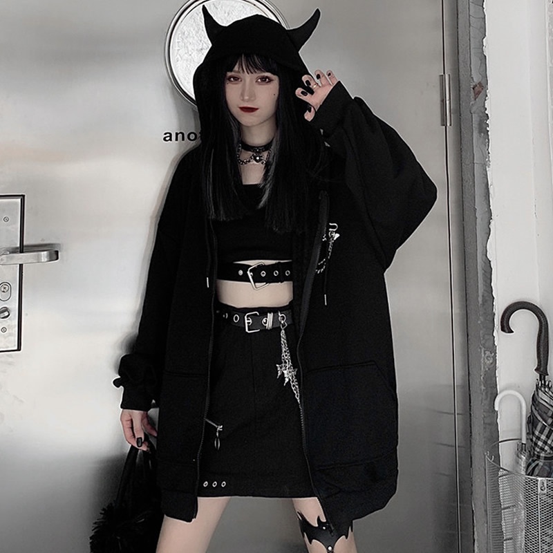 Japanese Zip Up Hoodie Zipper Women Harajuku Punk Gothic Sweatshirt ...