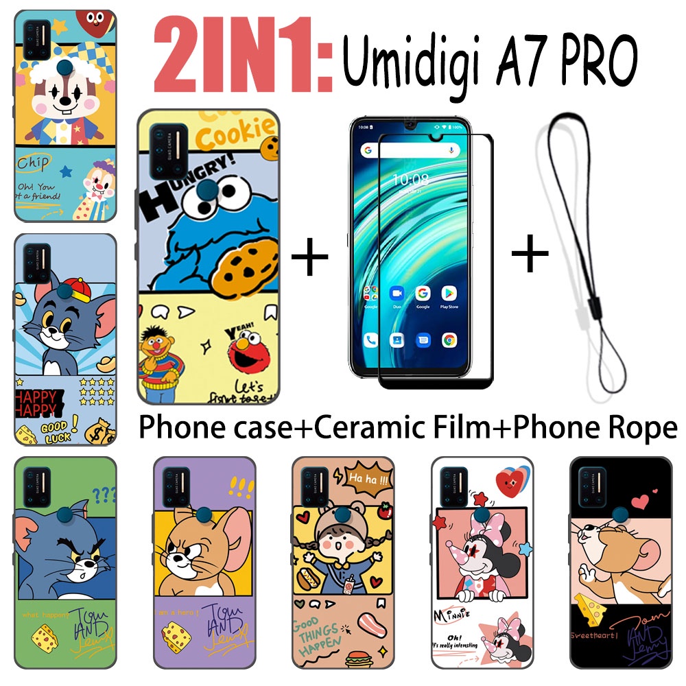 2 IN 1 Umidigi A7 PRO Case with Tempered Glass Ceramic Film Screen Protector Cute Tom and Jerry ...
