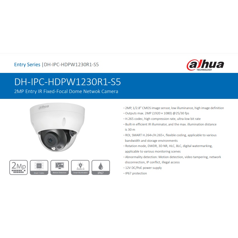 DAHUA IPC-HDPW1230R1-S5 2MP Entry IR Fixed-Focal Dome Netwok Camera | Shopee Philippines