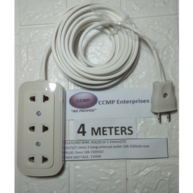 4 meters Heavy Duty Extension Cord wire (3)Three Gang flat cord #16 ...