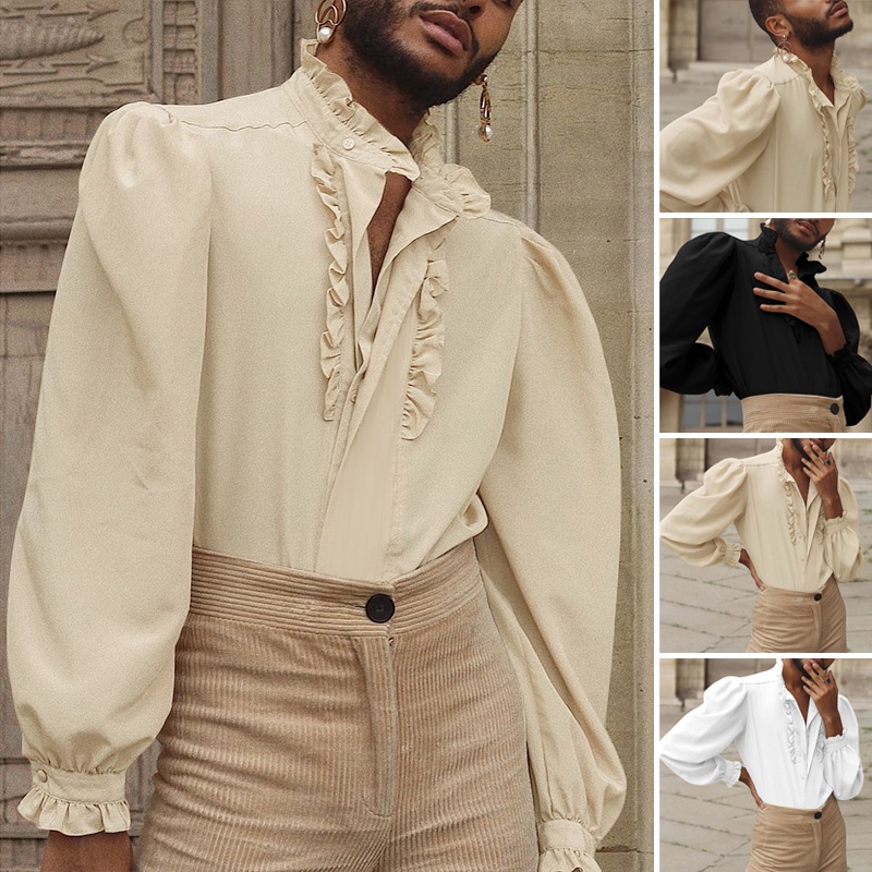 Retro Style Men Loose Long Puff Sleeves Stand Up Collar Cosplay Noble ...