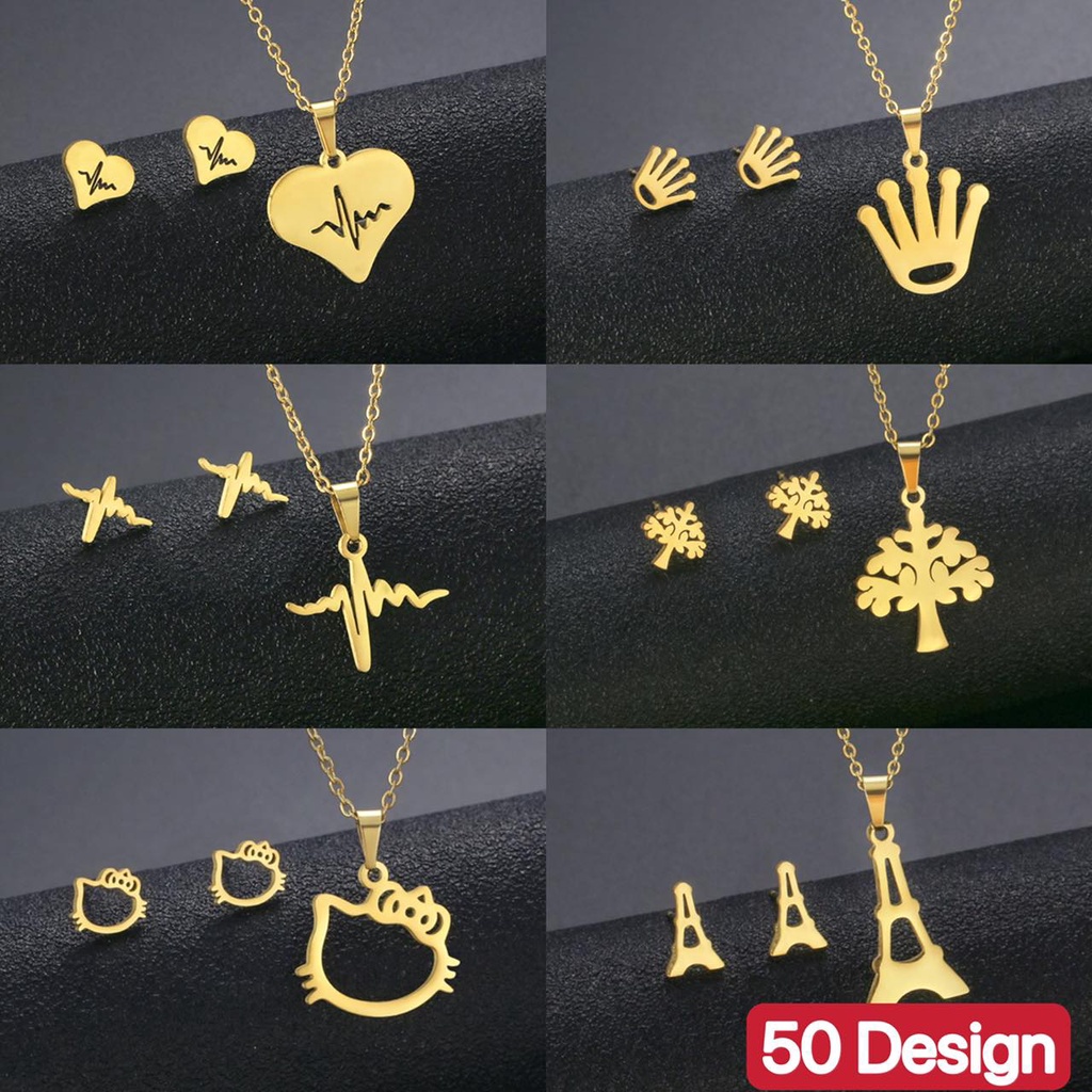 [Maii] 2 in 1 Necklace with Earrings Gold Stainless Steel Jewelry Set ...