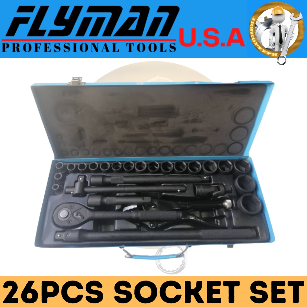 Jrshopee Flyman 26Pcs Socket Set 1/2 Drive 6 Points Carbon Black Heavy ...