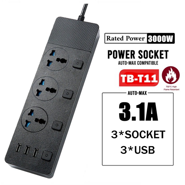 TB-T11 3.1A 3 USB Port 3 Socket Universal Power Extension US Plug ...