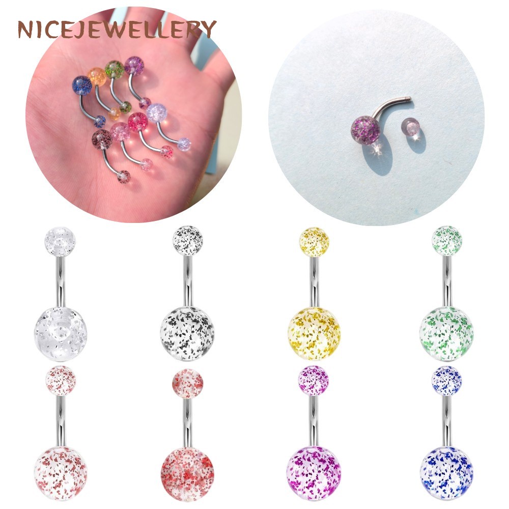 1PC Acrylic Belly Button Ring with Sequins Round Ball Navel Ring 316L ...