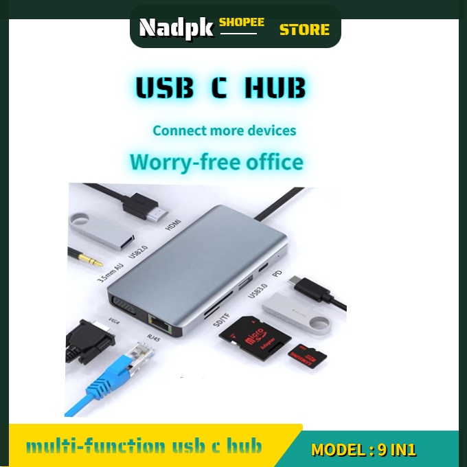 USB C Hub 9 In 1 Type To HDMI Rj45 USB 3.0 3.5mm Pd Sd/Tf Cards Reader ...