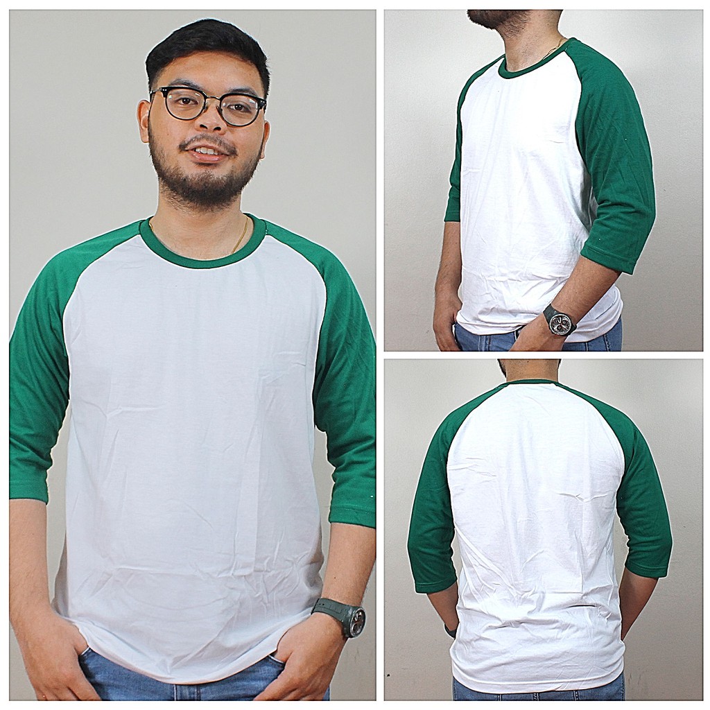 Plain Raglan 3/4 Sleeves shirt Cotton UNISEX Green Red Blue Yellow Gold ...