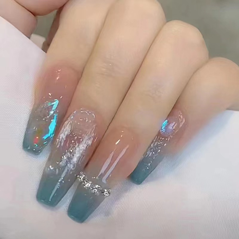 Z360 Ombre Blue Slick Reflect Long Fake Nails Press On Nails Set ...