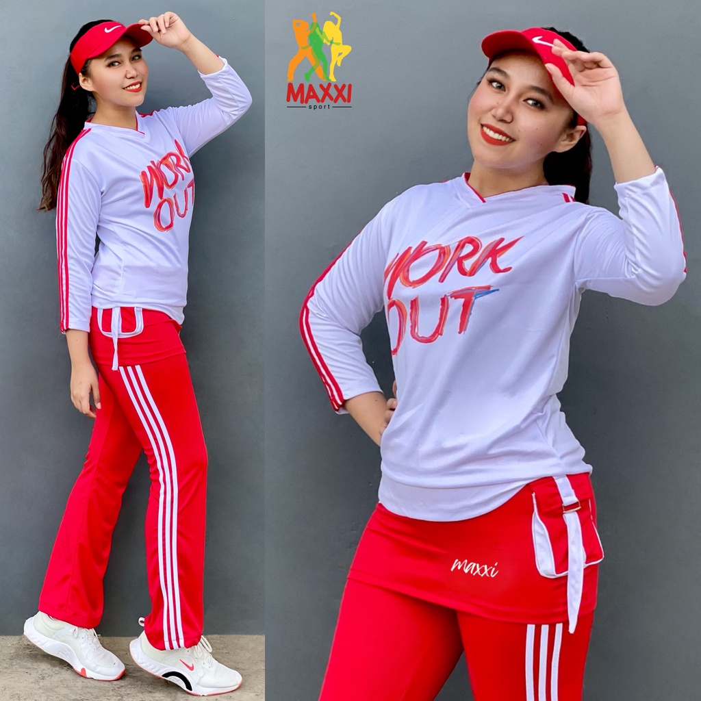 MERAH Set White Red Tracksuit WORKOUT Skirt Long Gymnastics Clothes Set ...