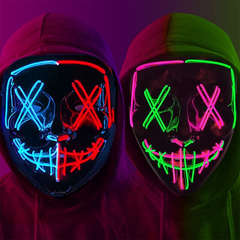 Glowing In Dark LED Halloween Neon Mask Scary Mix Colour Light-Up Party ...