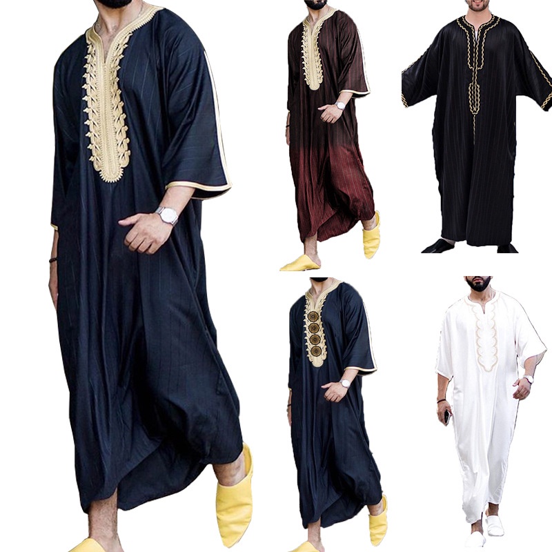 Modern Kaftan Short Sleeve Muslim Robe Ethnic Style Jubah Lelaki Lengan ...