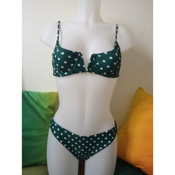 V Wire And Underwired Green Polka Dot Bikini Shein Shopee Philippines