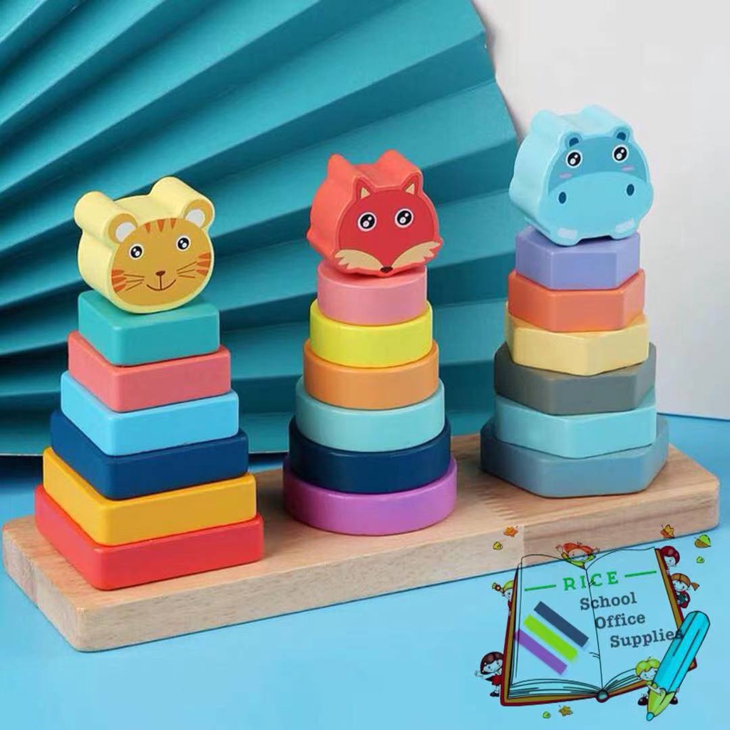 Rice 3in1 Colorful Animal Stacker Toy Wooden Toys for Kids Colorful Animal Tower Set of Pillars ...